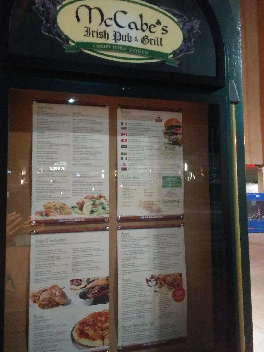 Menu at McCabe's Irish Pub, Waterloo