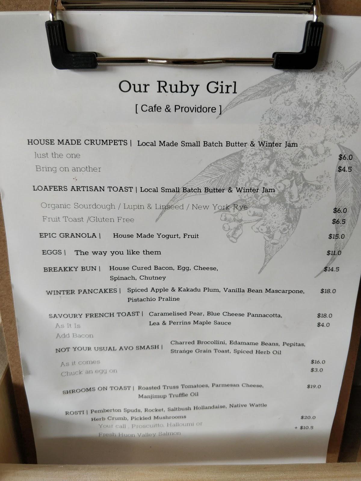 Menu at Our Ruby Girl cafe, Manning