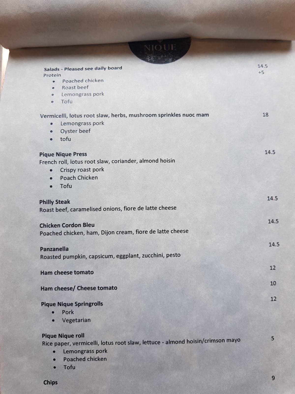 Menu at Pique Nique cafe, Armadale