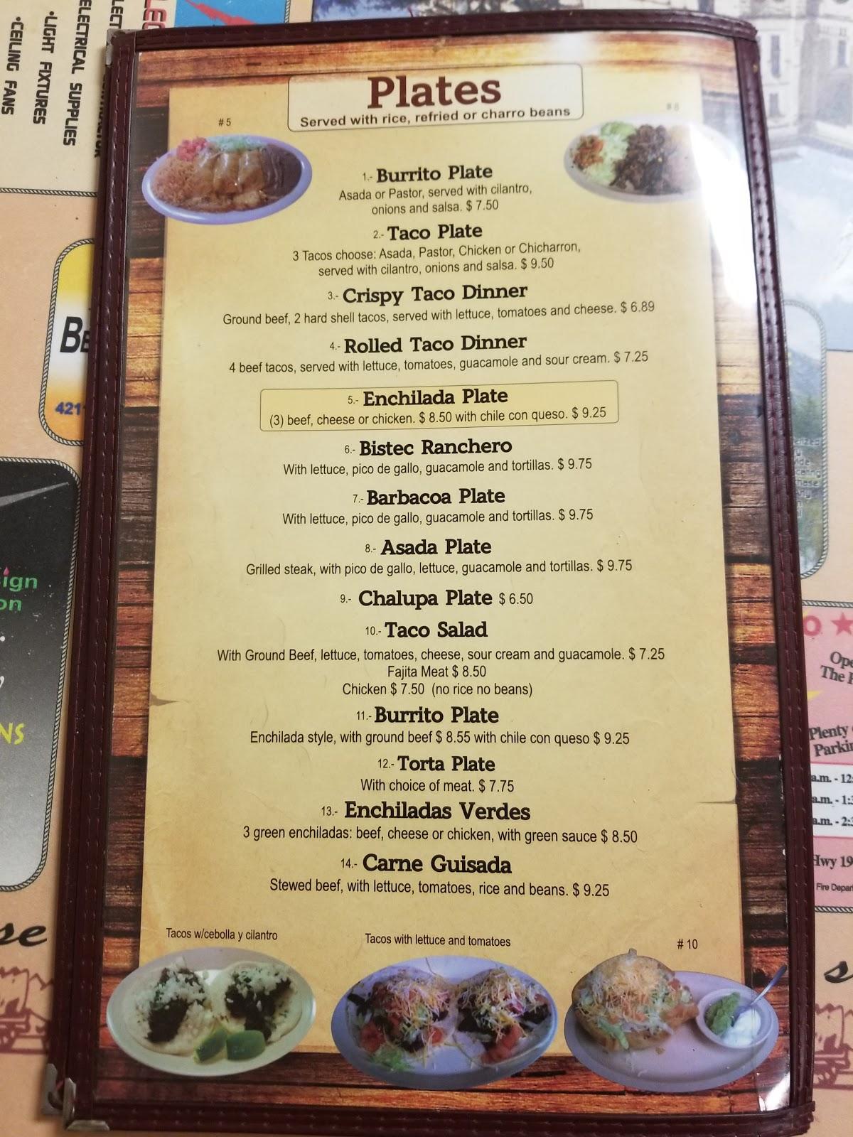 Menu at Taqueria Sonora restaurant, Holland