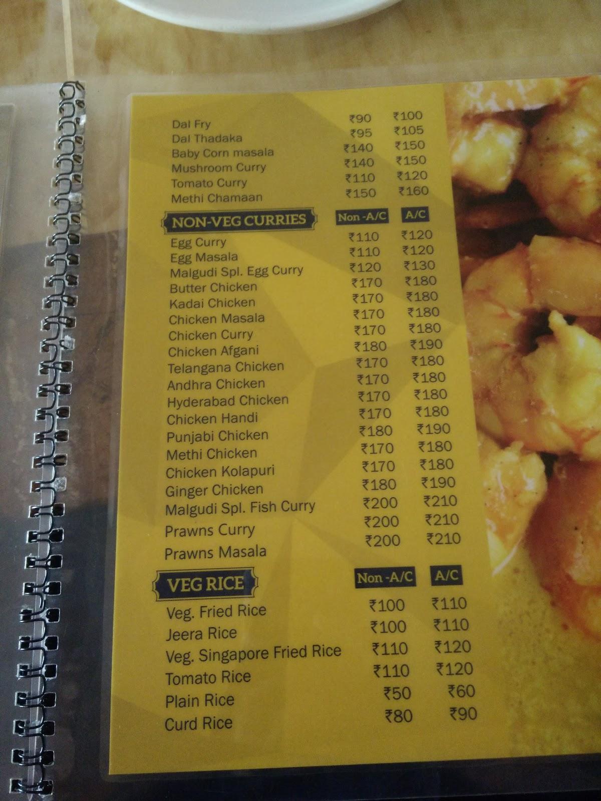 Menu at The Malgudi A/C, India