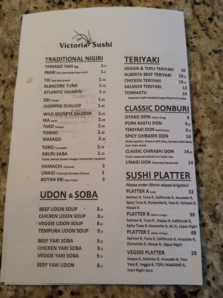 Carta del restaurante Victoria Sushi, New Westminster