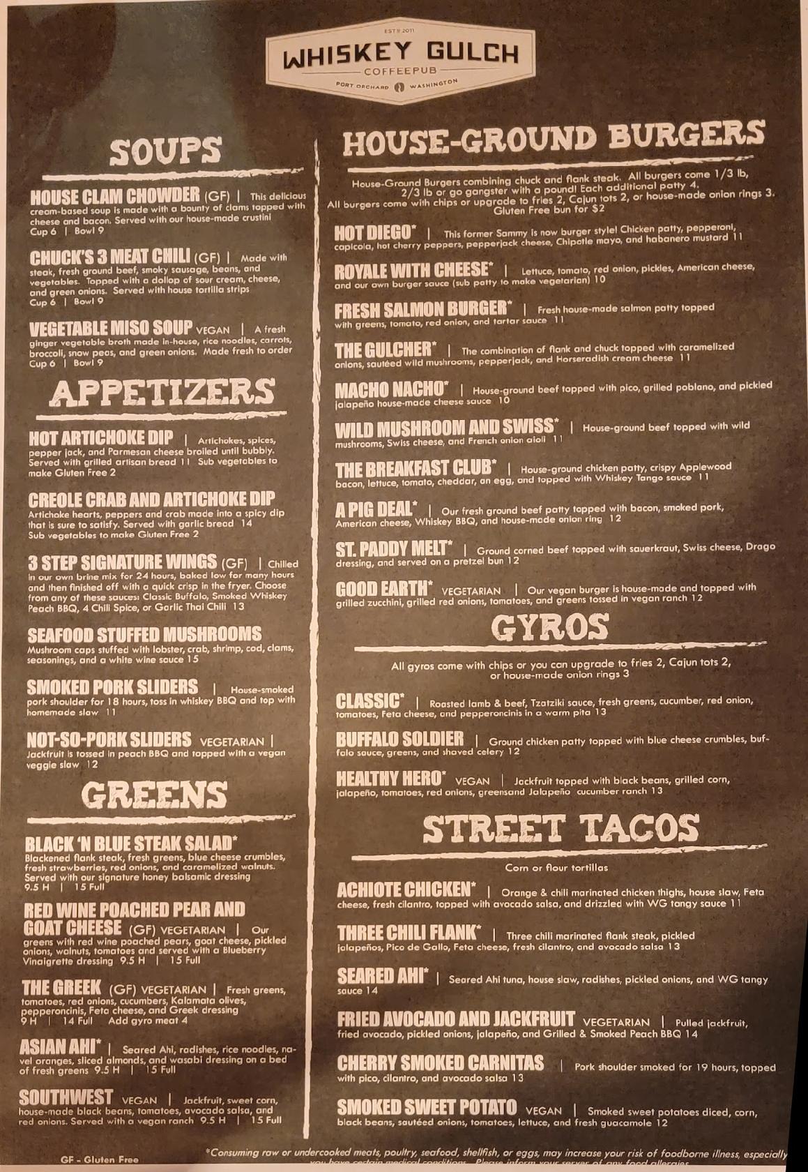 Menu at Whiskey Gulch CoffeePub, Port Orchard