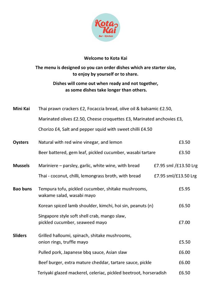Menu at Kota Kai Kitchen Bar, Porthleven