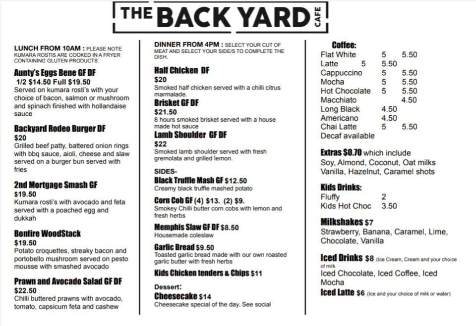 Menu at The Backyard Cafe, New Plymouth