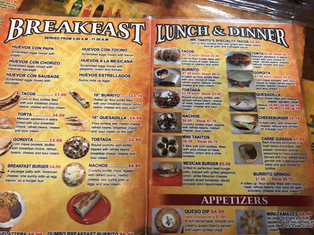 Menu at Mr. Takito restaurant, Alvin