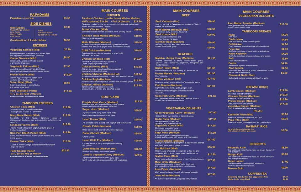 Menu at Palki Indian Restaurant, Launceston