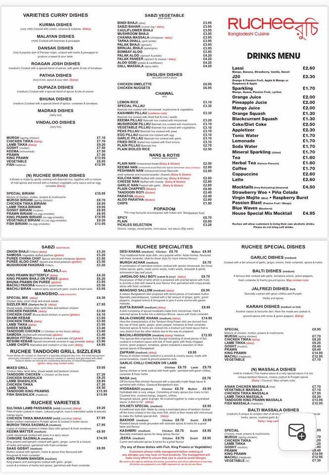 Menu at Ruchee Restaurant settle, Settle