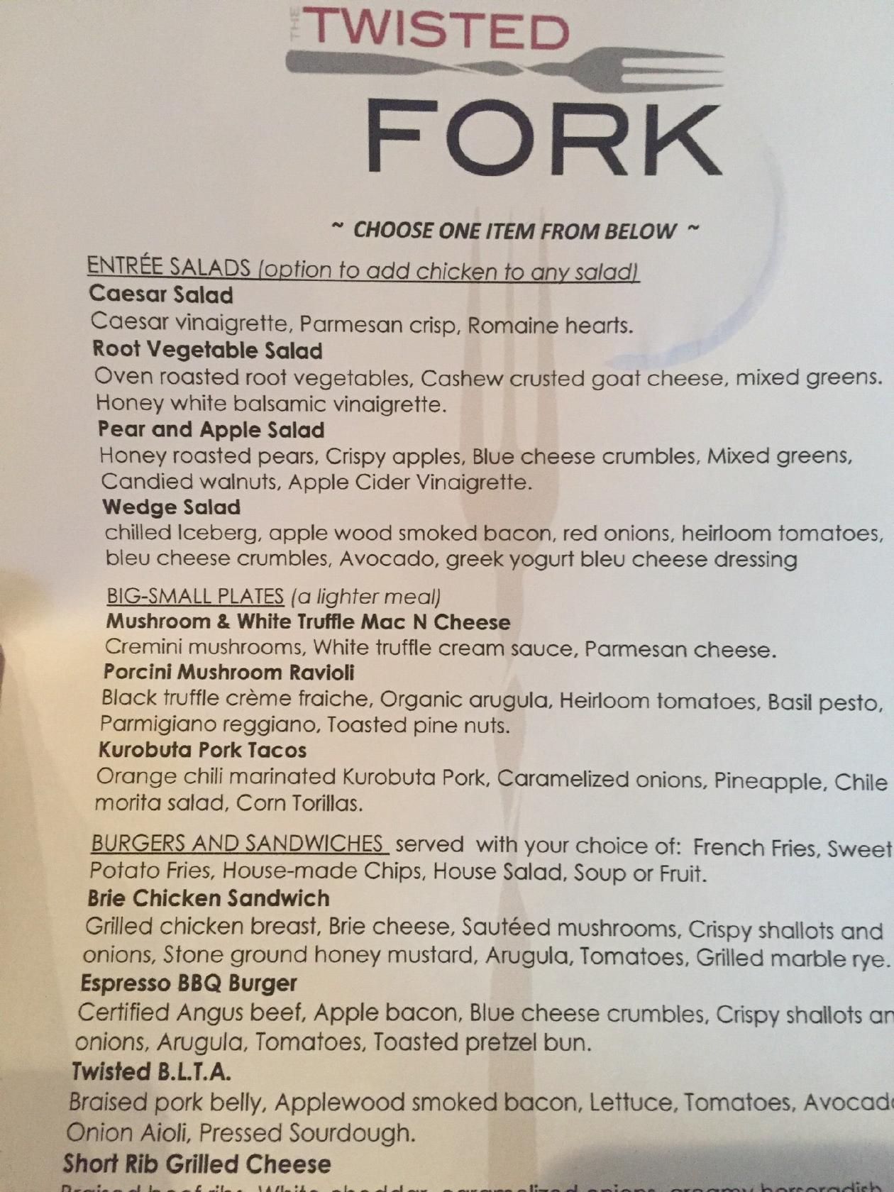 Menu at The Twisted Fork restaurant, Reno