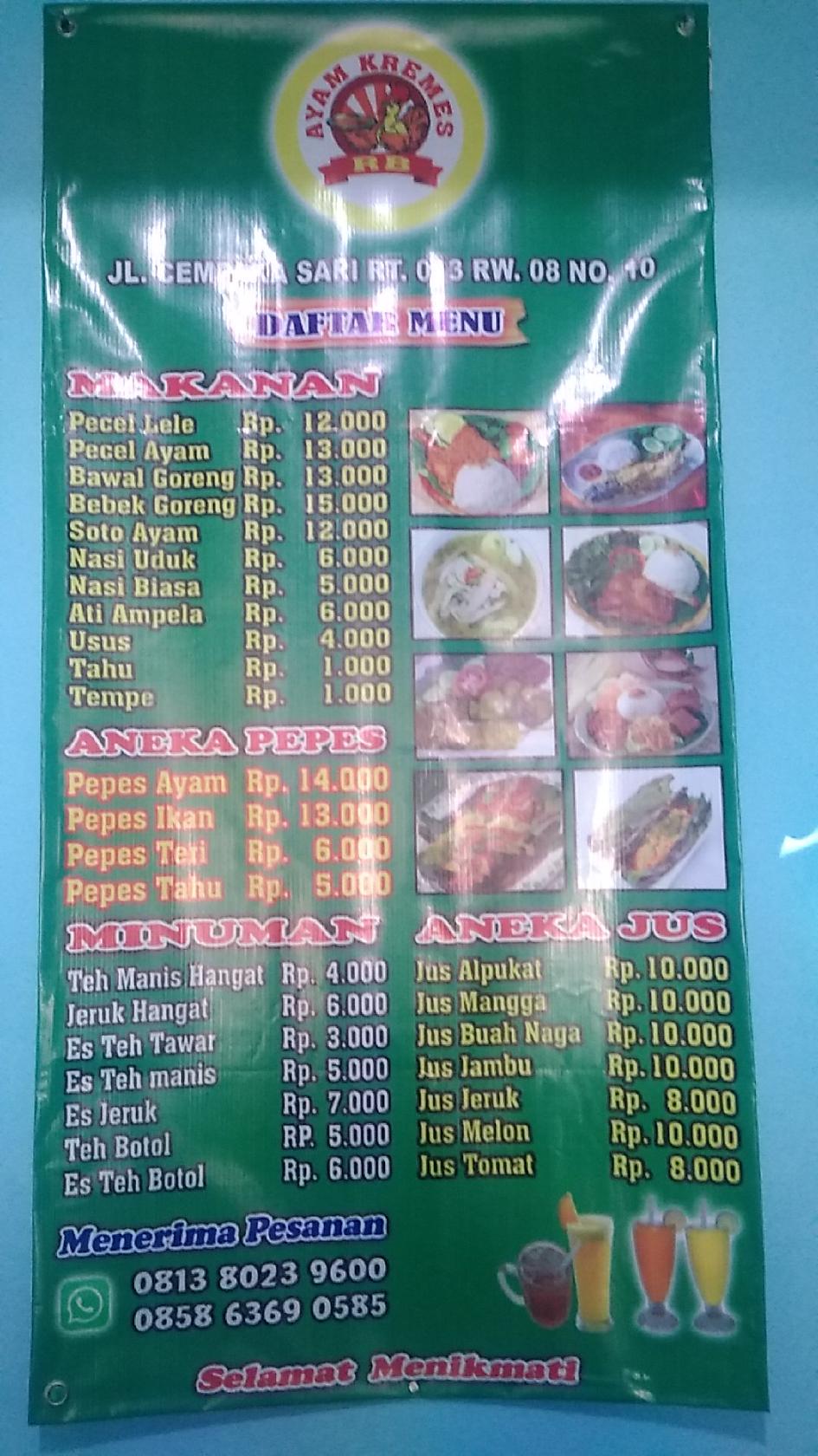 Menu at AYAM KREMES RB restaurant, Central Jakarta
