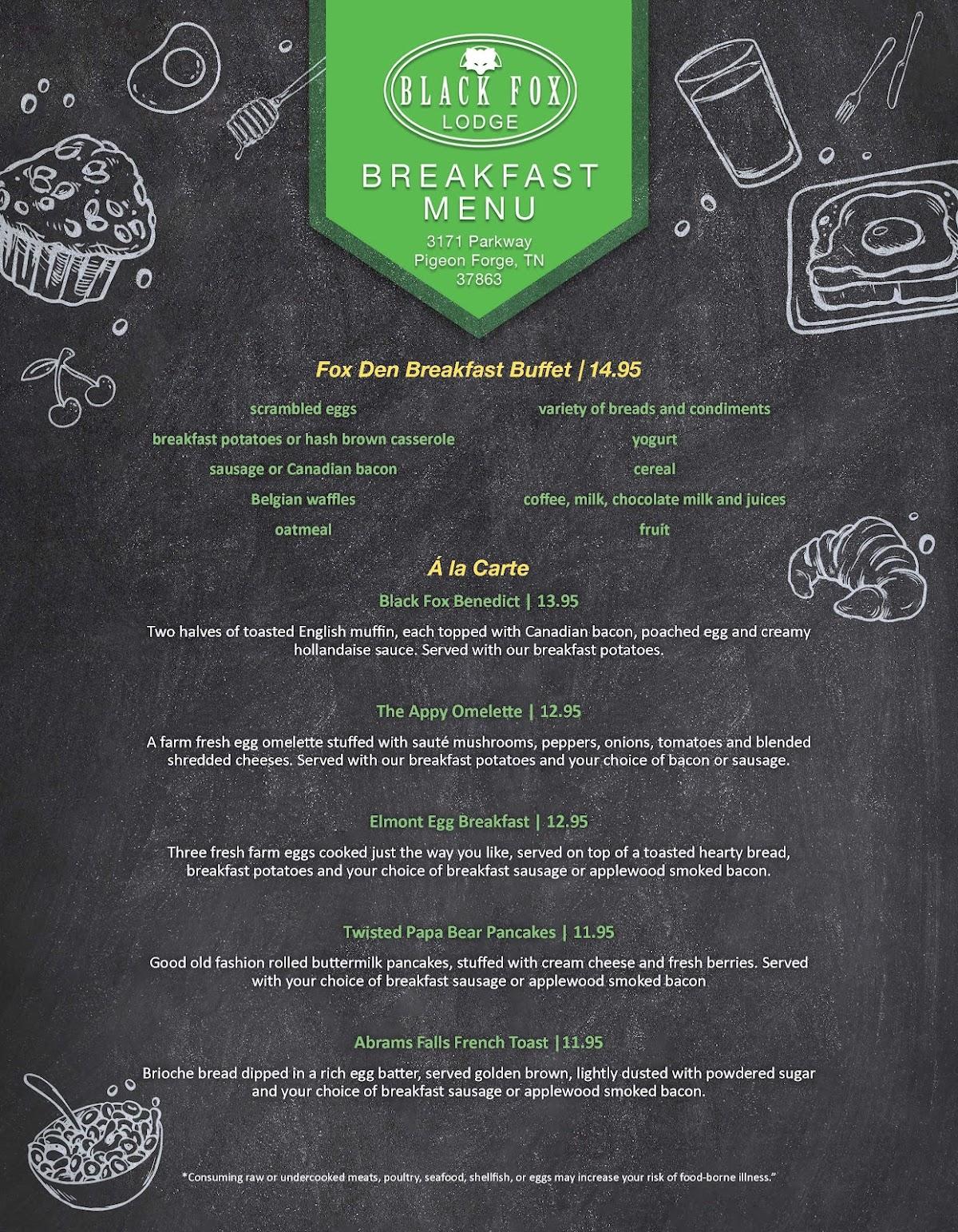 Menu at Fox Den pub & bar, Pigeon Forge