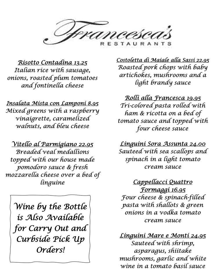 Menu at Francesca's Vicinato restaurant, Palos Park