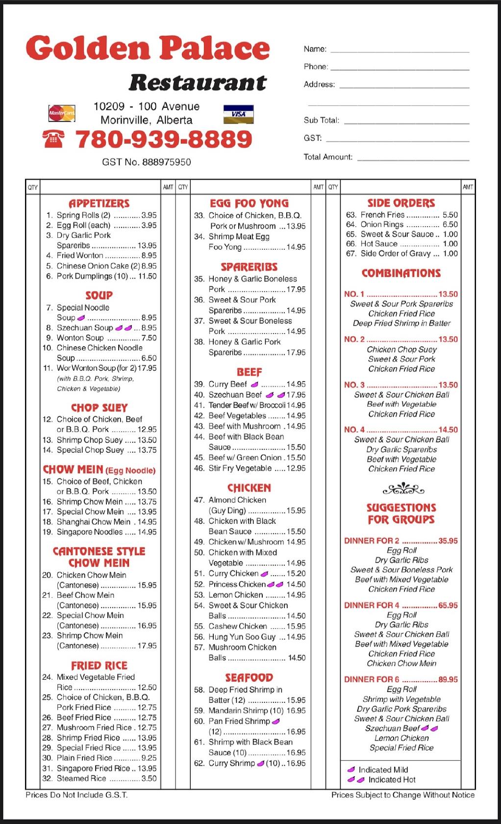 Menu at Golden Palace Restaurant, Morinville, 100 Ave