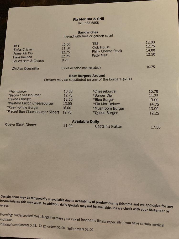 Menu at Pla-Mor Bar & Grill, Maple Valley