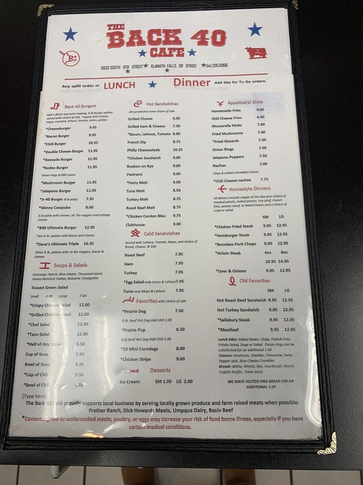 Menu at Back 40 Cafe, Klamath Falls