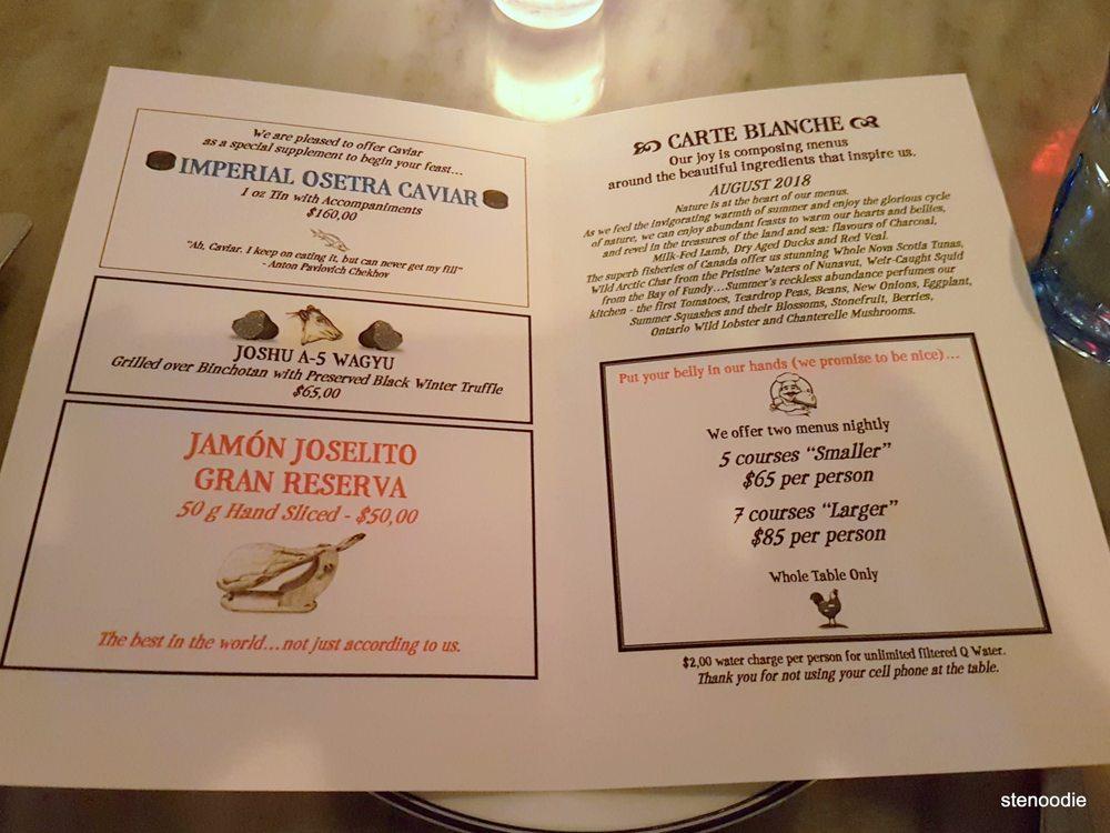 Menu at Edulis Restaurant, Toronto, 169 Niagara St