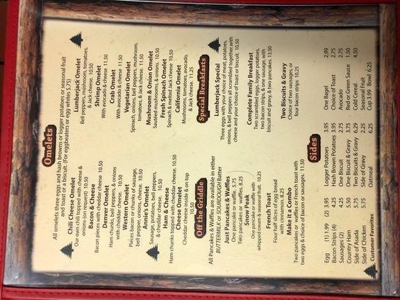 Menu at Lumberjack Cafe, Big Bear