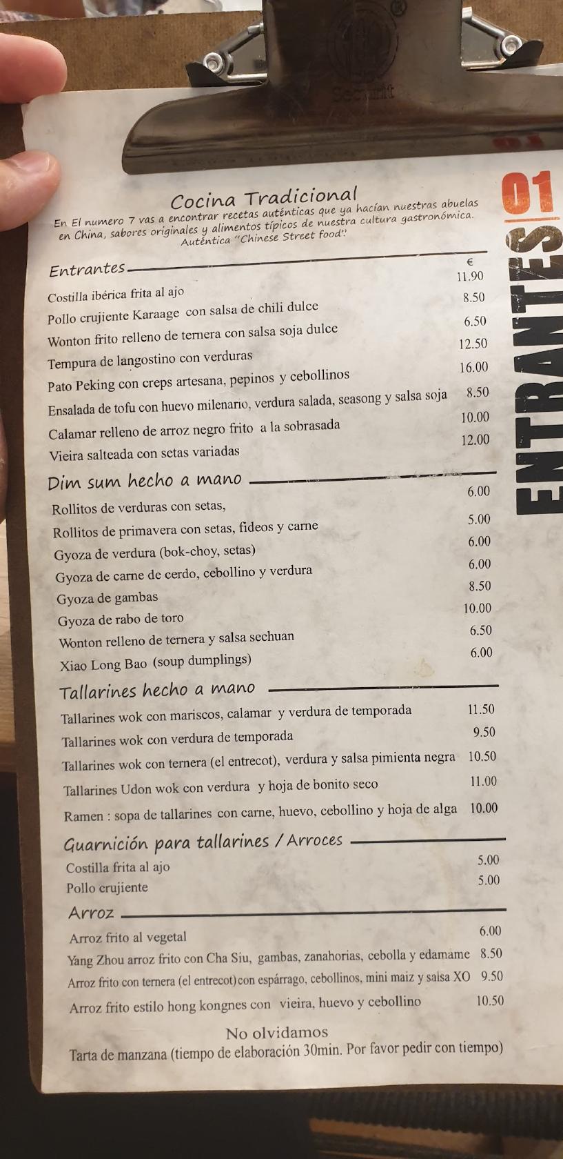 Carta del restaurante Número 7, Manacor