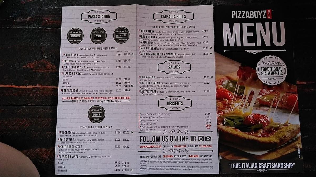 Menu at Pizzaboyz Umhlanga restaurant, Durban, 6 Aurora Dr