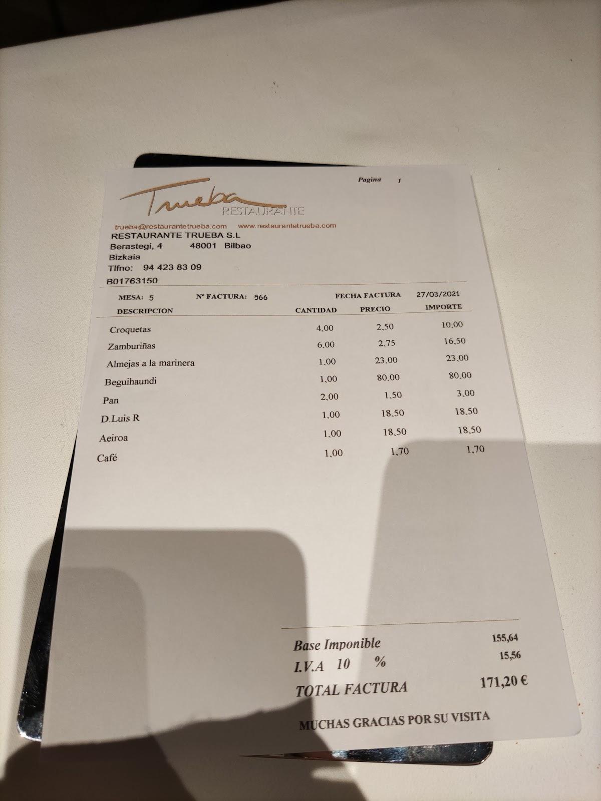 Menu at Restaurante Trueba, Bilbao