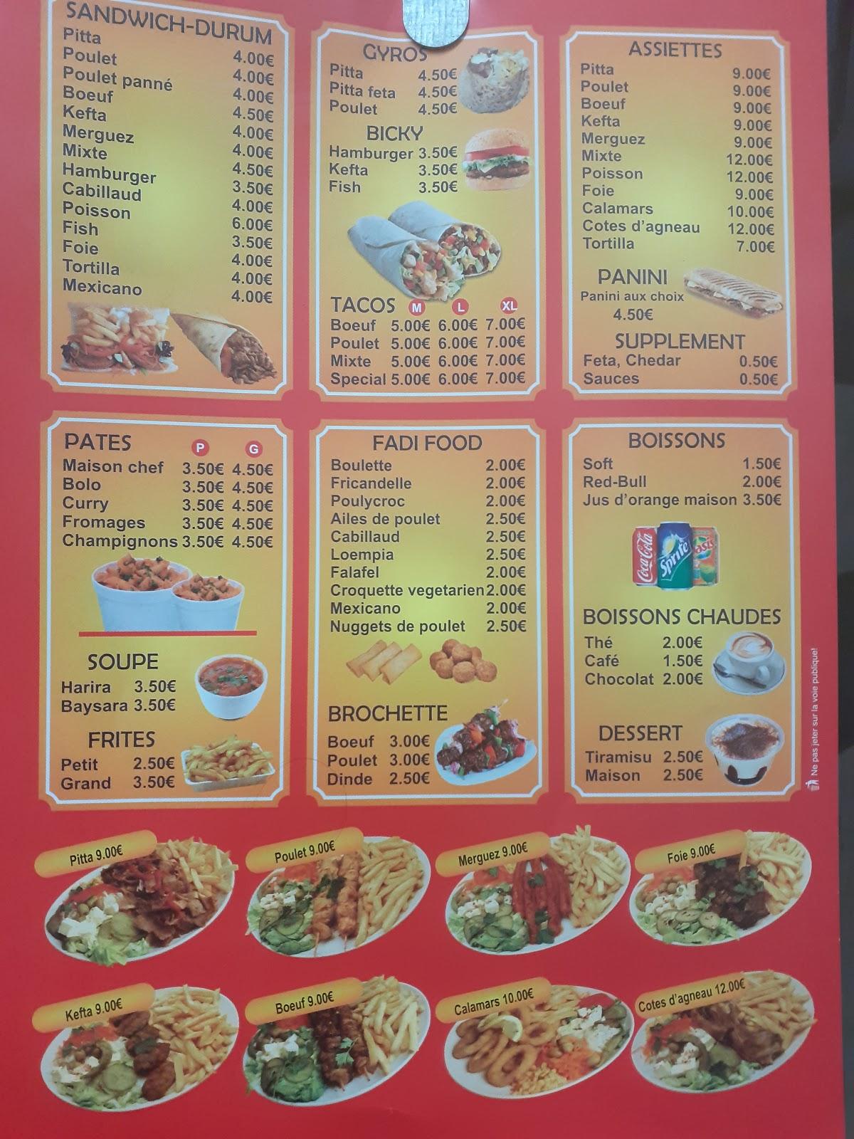 Menu au Snack Chez Fadi, Jette, Av. de Jette 126A