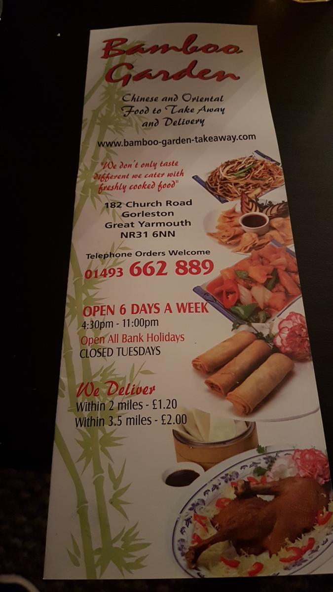 Menu at Bamboo Garden restaurant, Great Yarmouth