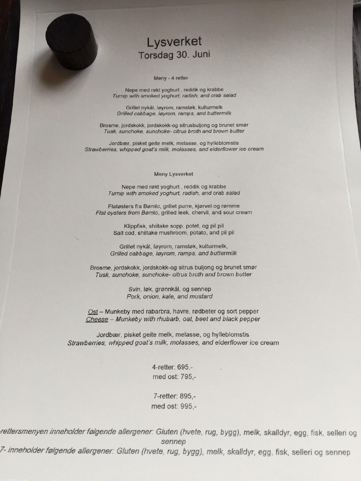 Menu at Lysverket restaurant, Bergen