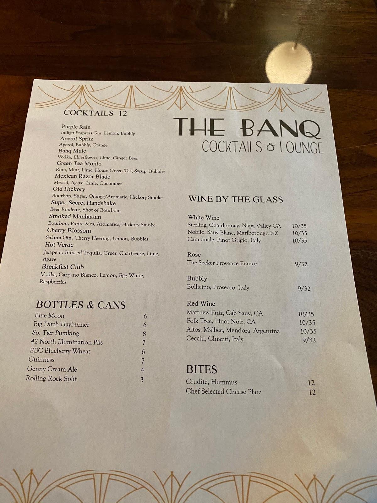 Menu at The BANQ Cocktails and Lounge pub & bar, Ellicottville