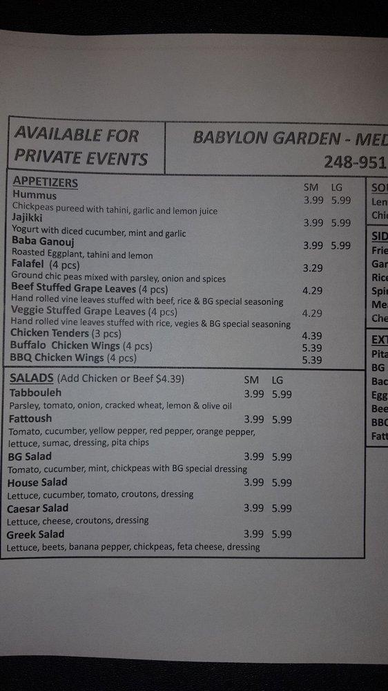 Menu at Babylon Garden restaurant, Ferndale