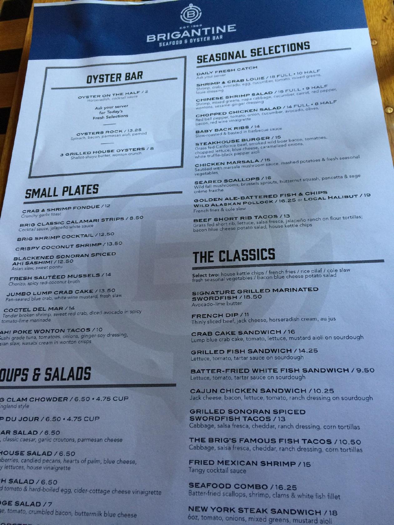 Menu at Brigantine Seafood & Oyster Bar, La Mesa, Fuerte Dr