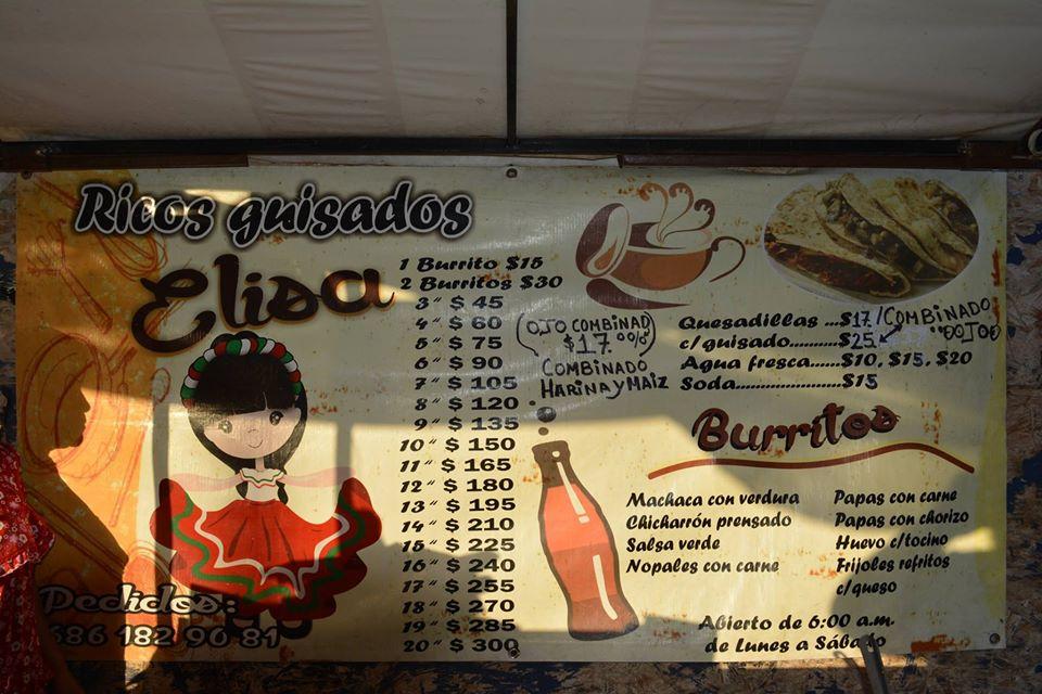 Menu at Tacos Doña Elisa restaurant, Mexicali