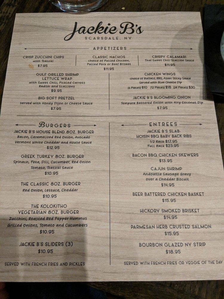 Menu at Jackie B's pub & bar, Scarsdale