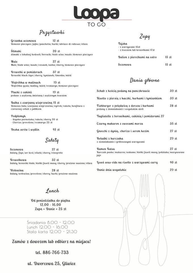 Menu at LOOPA Bistro&Bar, Gliwice