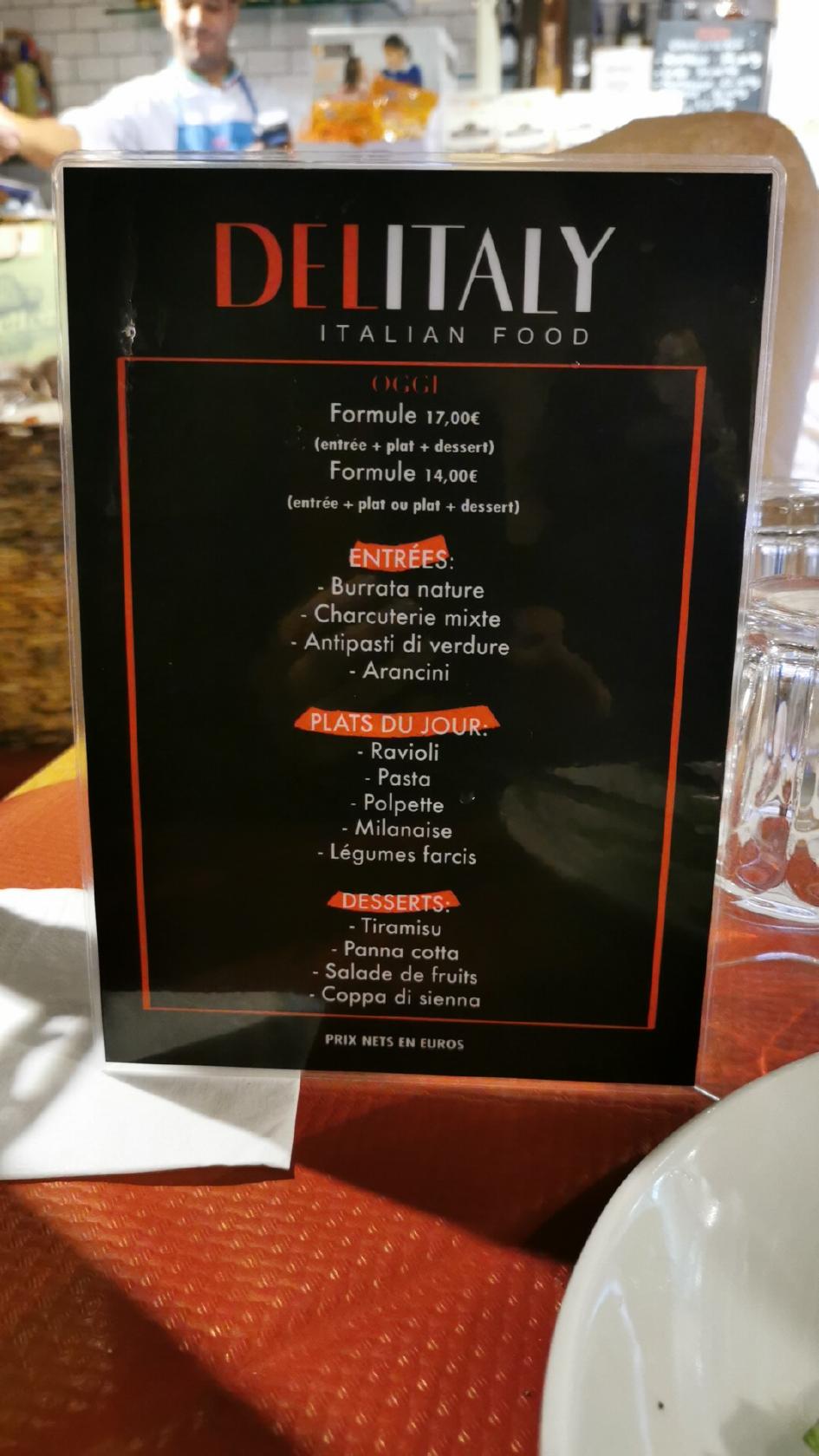 Menu at Mercatino restaurant, Paris