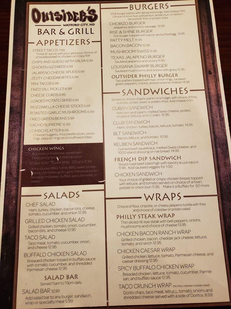 Menu at Outsider's Bar & Grill, Watford City