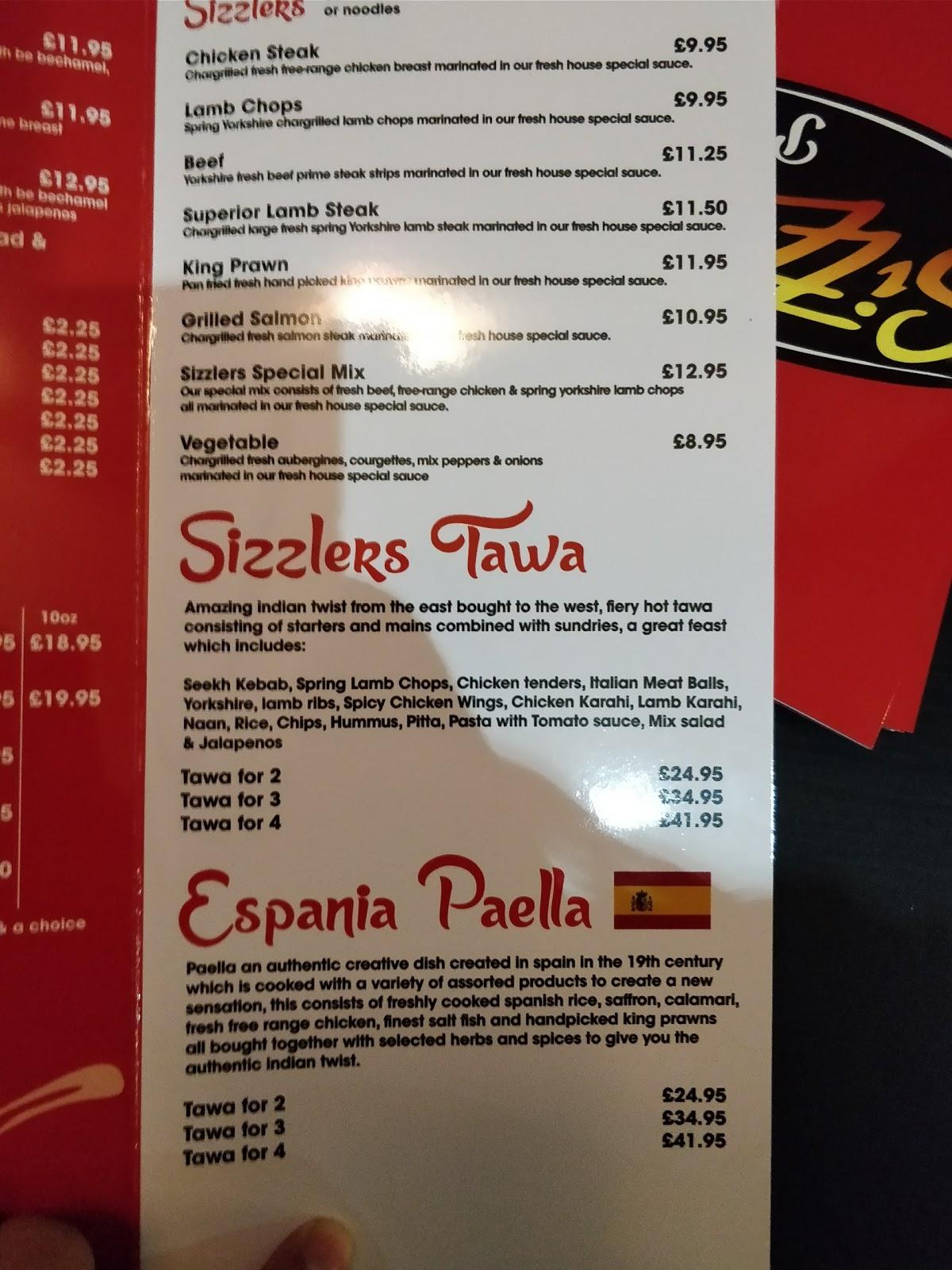 Menu at Sizzlers Takeaway fast food, Batley, 375 Bradford Rd