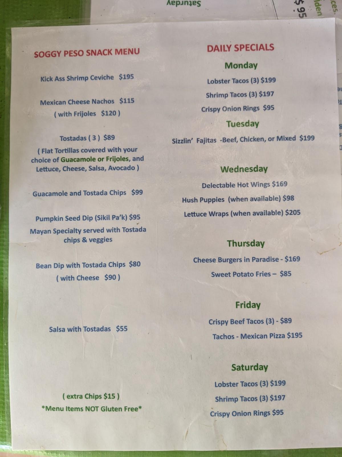 Menu at Soggy Peso pub & bar, Isla Mujeres