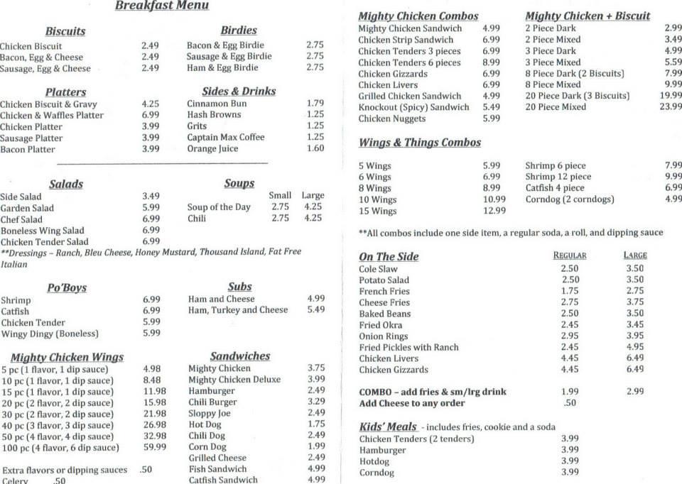 Menu at The Mighty Chicken, Pensacola
