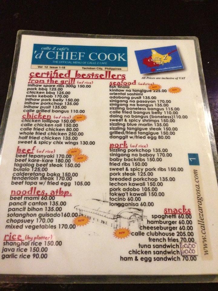 Menu at calle Z café restaurant, Tacloban City