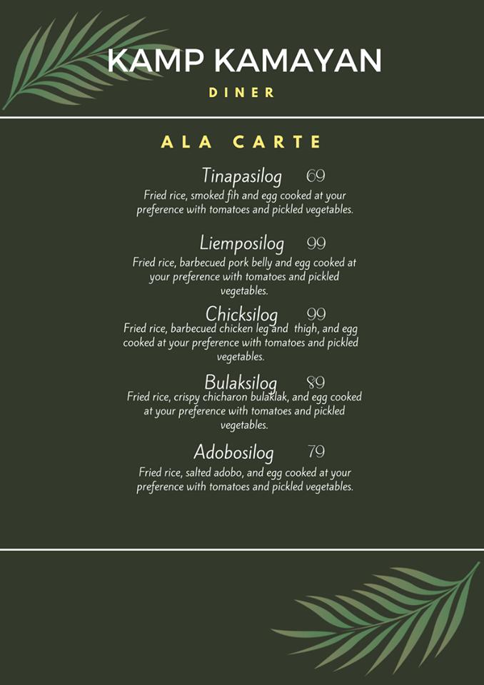Menu at Kamp Kamayan Diner restaurant, Legazpi City