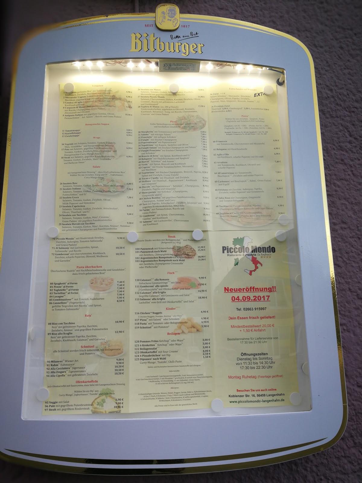 Speisekarte von Piccolo Mondo restaurant, Langenhahn
