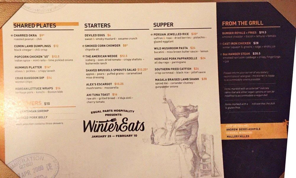 Menu at The Diplomat restaurant, Hamilton