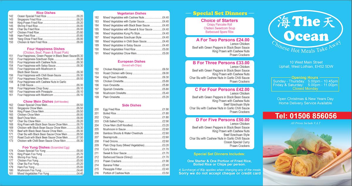 Menu at The Ocean fast food, Broxburn