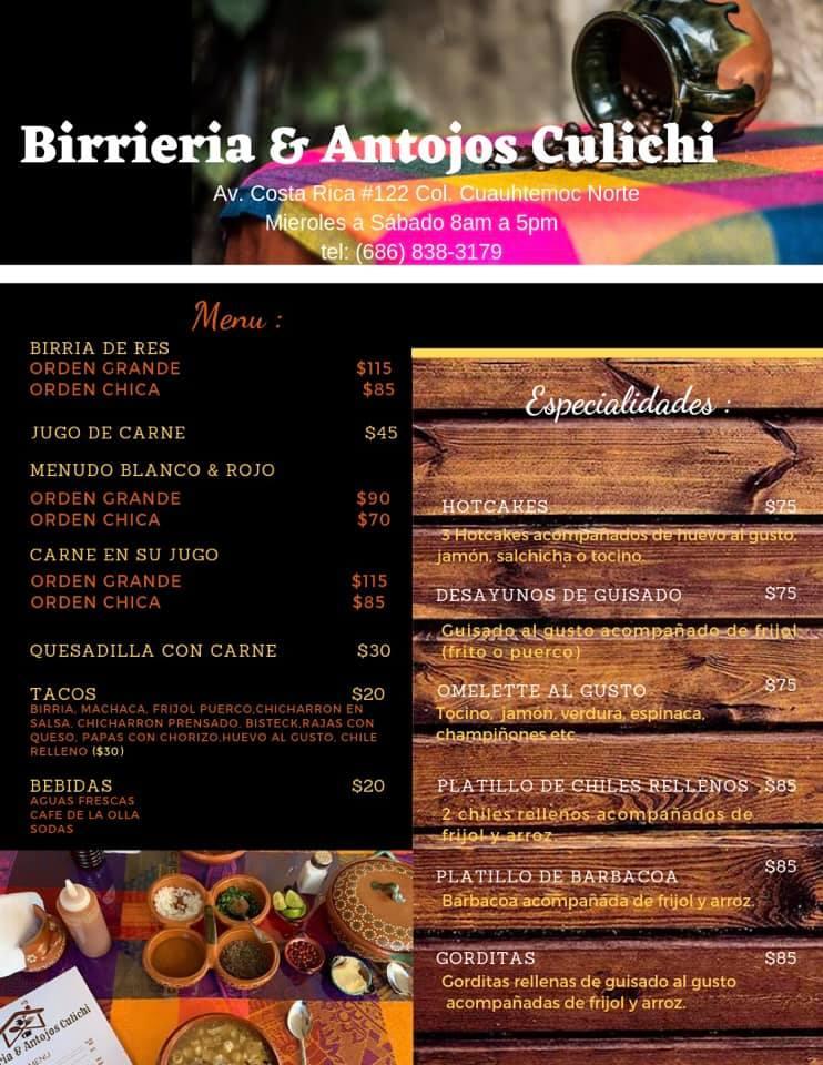 Menu at Birrieria y Antojos Culichi restaurant, Mexicali