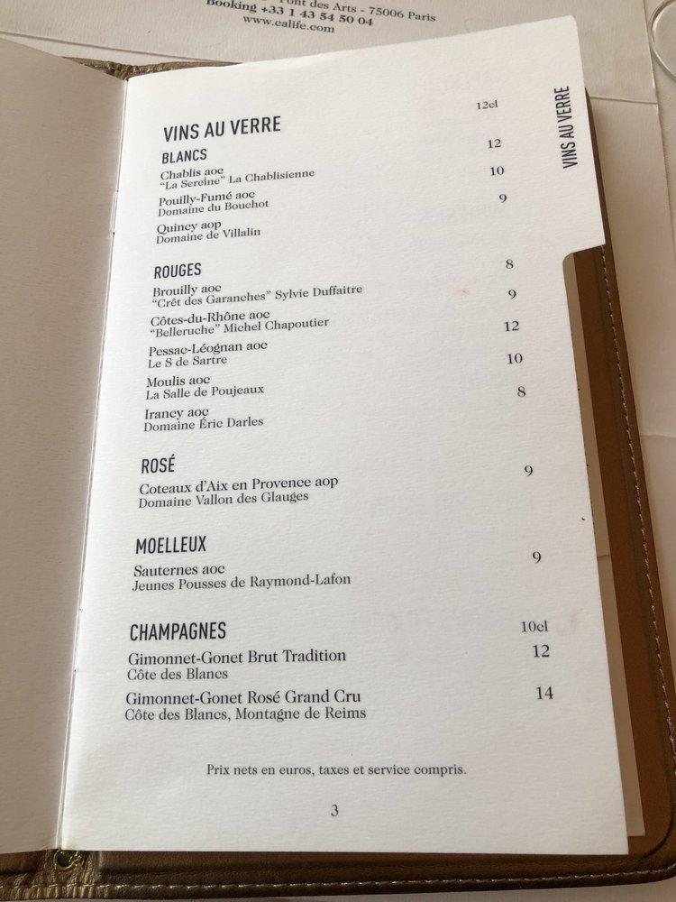 Menu at Le Calife restaurant, Paris, Port des Saints-Pères