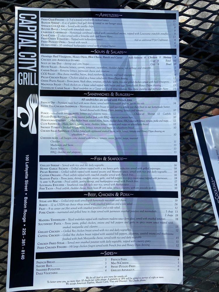 Menu at Capital City Grill restaurant, Baton Rouge, 100 Lafayette St