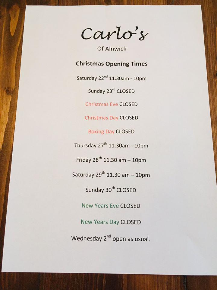 Menu at Carlo's restaurant, Alnwick