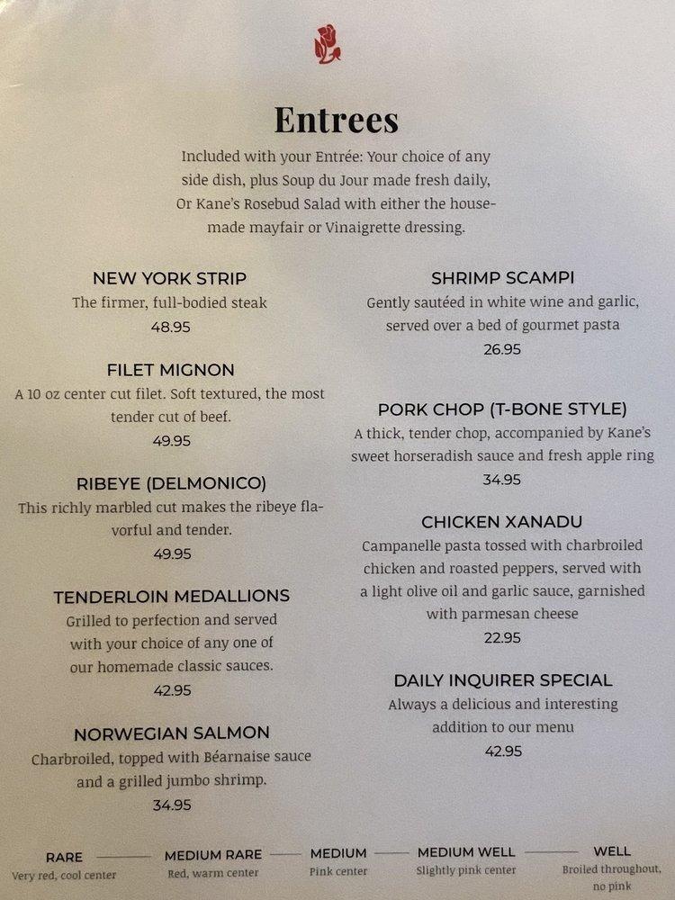 Menu at Citizen Kane's Steak House pub & bar, Kirkwood