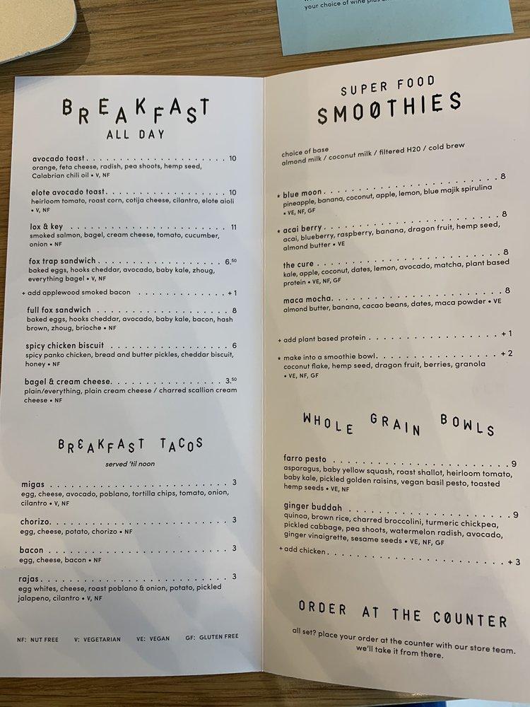 Menu at Foxtrot cafe, Dallas