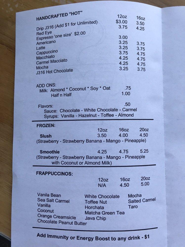 Menu at J316 Downtown Coffee House, Snyder
